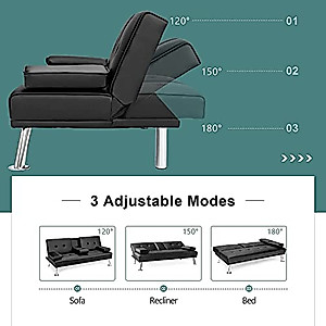 Anwick Modern Leather Futon Sofa Bed,Convertible Folding Couch Recliner Sleeper Loveseat for Small Space,Apartment,Office,Dorm,with Cup Holders and Removable Armrest Black (Black)