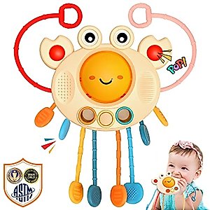 Vrbort Montessori Sensory Toys for Babies, Silicone Pull String for Toddlers 18 Months+, 1-3 Years Old Baby Travel and Teething Toys, Gift for Kids Crab Shape
