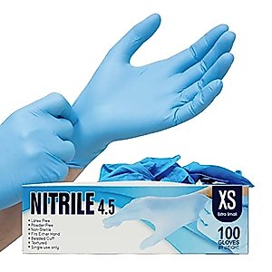 Nitrile 4.5 Gloves, Size XS, 100 Glove Pack, Latex Free, Powder Free, Blue Textured Gloves, Ambidextrous Heavy Duty Rubber Gloves with Beaded Cuffs, Single Use