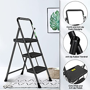 3 Step Ladder Folding Step Stool with Wide Anti-Slip Pedals and Comfort Handgrip for Kitchen Household and Office, Lightweight Capacity 500lbs Sturdy Step Ladder（Black）