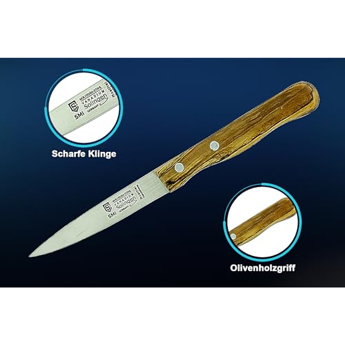 SMI - Paring Knife Fruit Knife Vegetable Knife Olive Wooden Handle Stainless Steel Solingen Knife Made in Germany - Not Dishwasher Safe