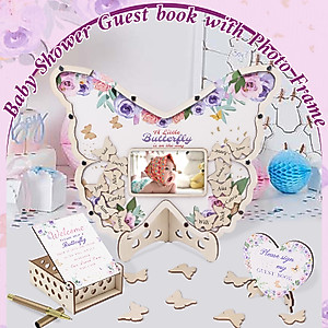 66 Pcs Baby Shower Guest Book Alternatives Set Butterfly Guest Book Baby Shower Guestbook with Photo Frame Baby Sonogram Frame with 60 Butterfly Wood Slices for Birthday Reception (Butterfly, Purple)