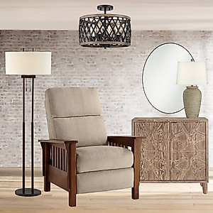 Franklin Iron Works Trey Farmhouse Rustic Close to Ceiling Light Semi Flush Mount Fixture 16" Wide 4-Light Bronze Woodgrain Drum Shade for Bedroom Hallway Living Room Dining Room Bathroom Kitchen