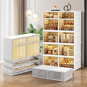 EHAMILY Pantry Cabinet Plastic Foldable with Doors Clear Collapsible Storage Cabinet with Wheels Large Folding Stackable Closet Storage 5-Tier 10Grids Easy Assemble