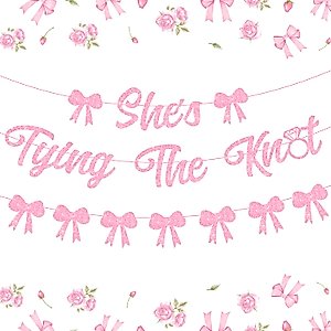24Pcs Pink Bow Princess Bachelorette Party Decorations She's Tying The Knot Glitter Banner Pink Coquette Bow Banner Garland for Girls Bachelorette Decor Bridal Shower Engagement Wedding Party Supplies