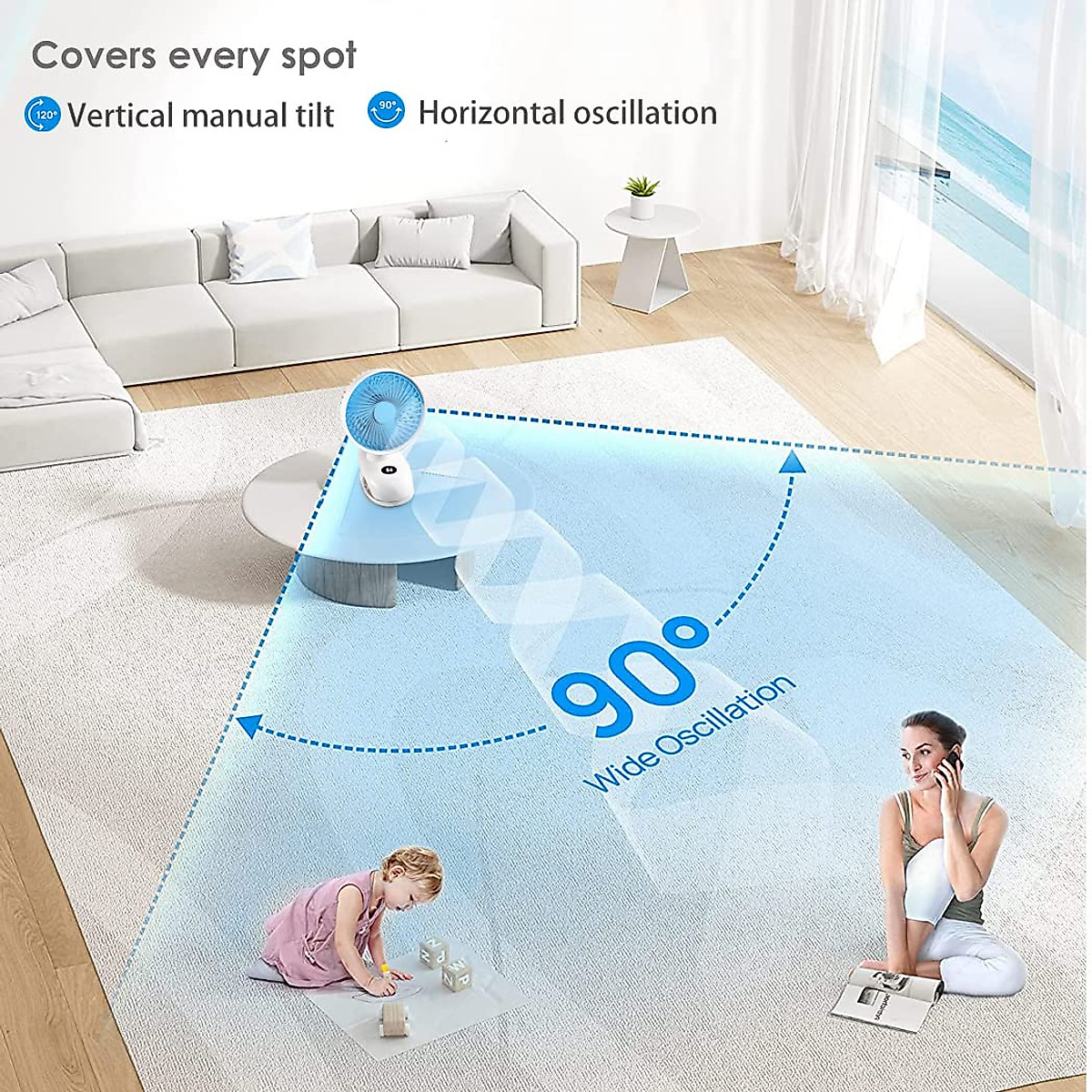 FIELDSKY Small Oscillating Desk & Clip Fan Portable Table Fan USB Rechargeable Battery Powered Quiet Personal Fan Dual Adjustable Angle Desktop Air Circulate Fan with 4 Speed