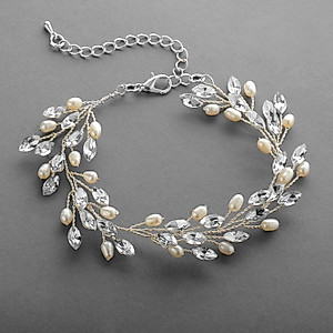 Mariell Bridal and Wedding Silver Bracelet with Crystal Gems and Freshwater Pearls, Fits 7" to 8 ½" Wrist