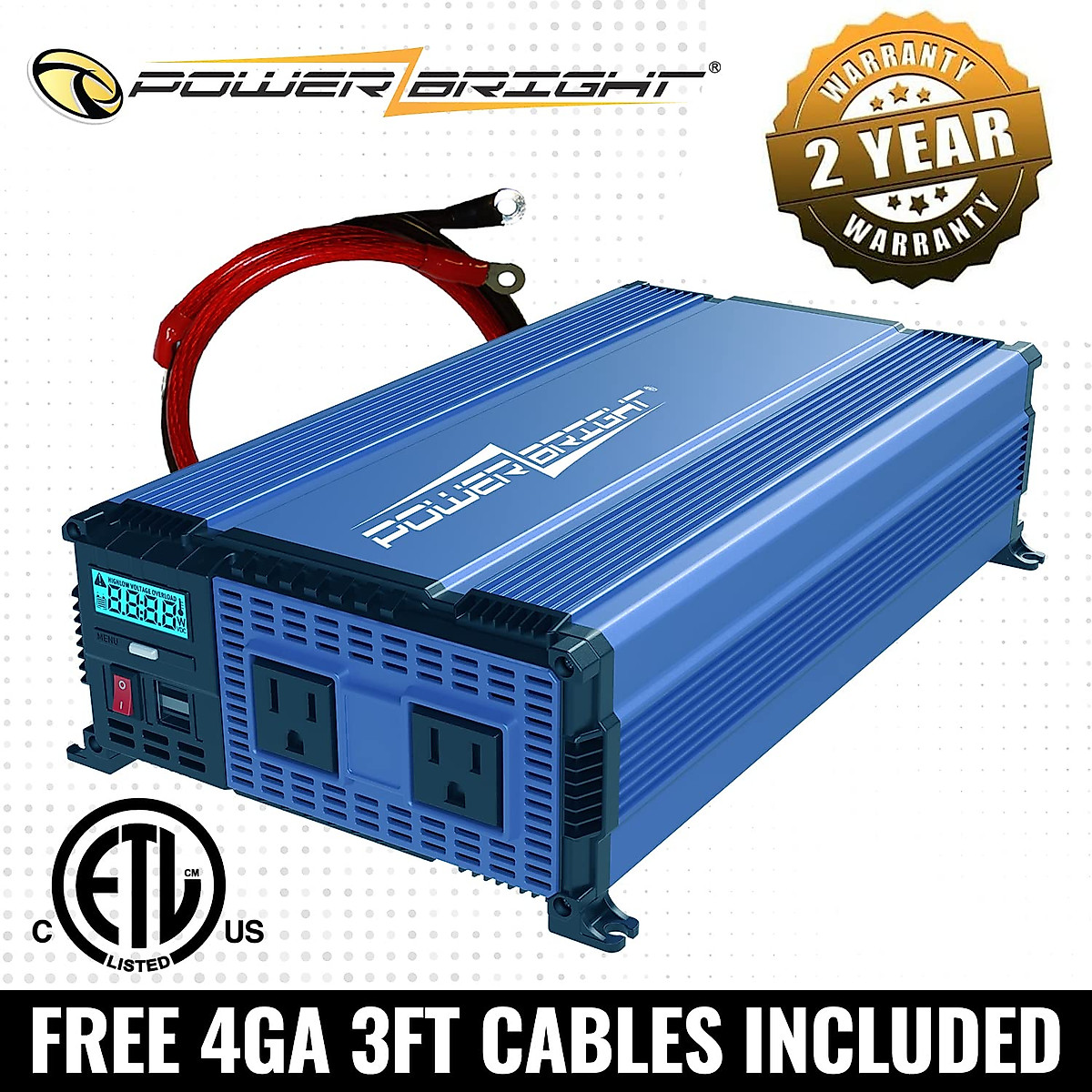 PowerBright 1100 Watt 12V Power Inverter Dual 110V / 120V AC Outlets, Installation Kit Included, Automotive Back Up Power Supply for Blenders, Vacuums, Electric Cooler - ETL Approved Under UL STD 458