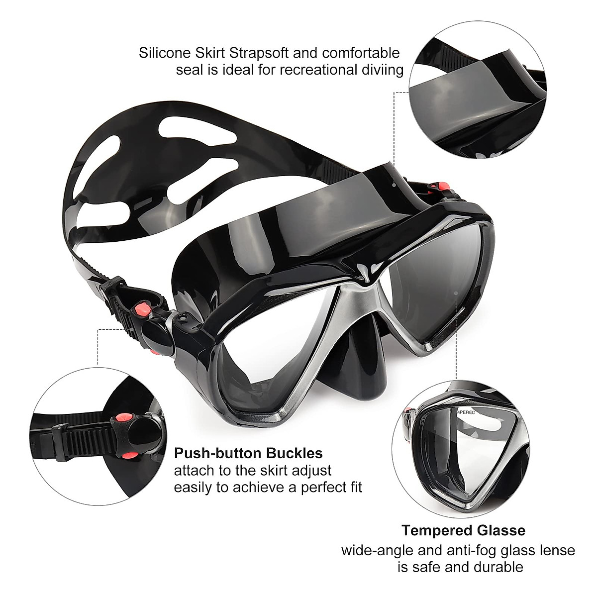Snorkel Diving Mask Panoramic HD Swim Mask, Anti-Fog Scuba Diving Goggles,Tempered Glass Dive Mask Adult Youth Swim Goggles with Nose Cover for Diving, Snorkeling, Swimming (A-Black)