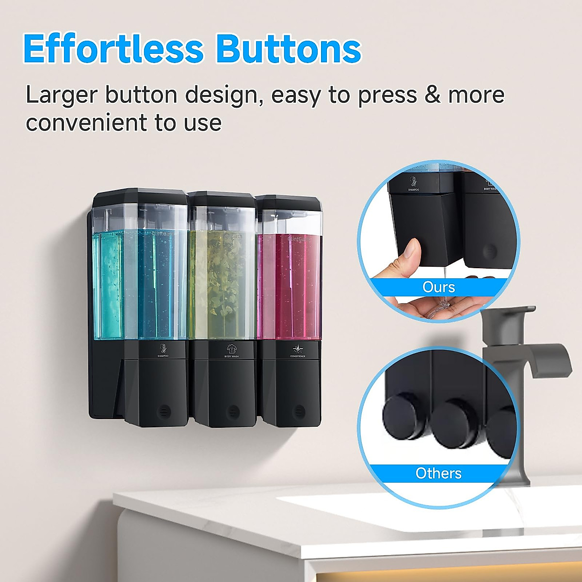 GlintGath Shower Dispenser 3 Chamber No Drill Wall Mounted Shampoo Conditioner Body Wash Dispenser, Large Capacity 1500ML, Black