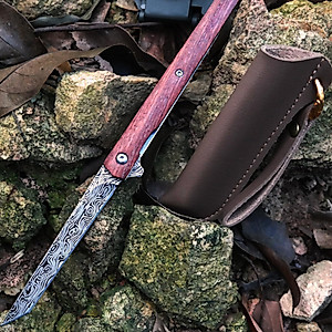 Carimee Pocket Knife 3.8", Slim Gentlemen`s EDC outdoor tool knife, HC Stainless Japanese style Blade, Wooden Handle, with Leather Sheath, 2024 Gifts for Men and Women