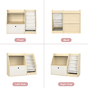 TOETOL Kids Bookshelf & Book Storage，4 Sling Wooden Toddler Book Shelf，2-Tier Wooden Open Bookcase & Storage Organizer Boxes for Nursery, Playroom, Bedroom