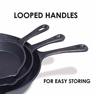 ChefVentions Pre-Seasoned Cast Iron Skillet 3-Piece Set (Size 6", 8", 10") Oven Safe Cookware - Indoor and Outdoor Use - Grill, Stovetop, Induction Safe