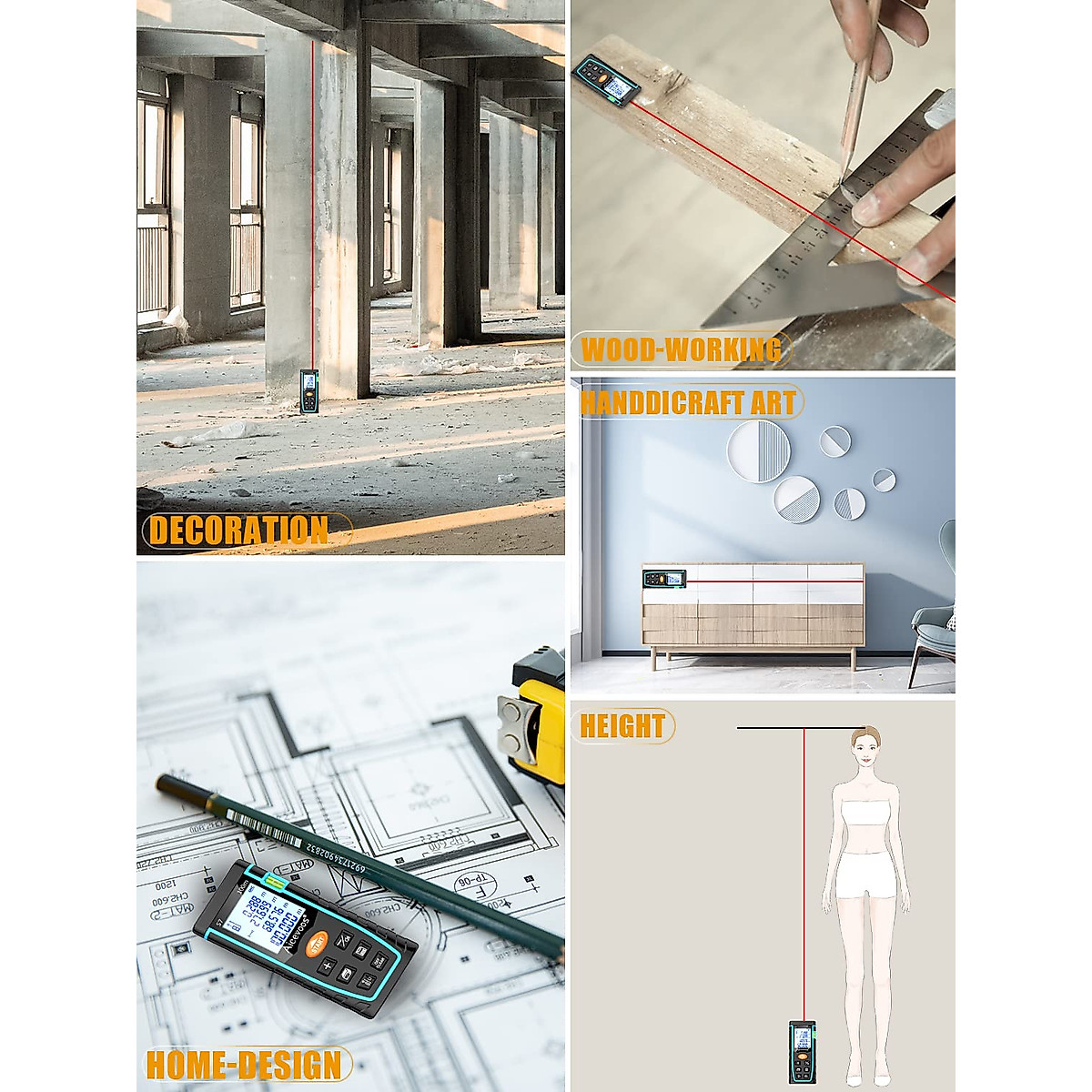Aicevoos Laser Measure 165ft,Digital Laser Distance Meter, M/in/Ft Unit Switching Backlit LCD 4 Line Display IP54 Shockproof,Measure Distance, Area and Volume | 50M