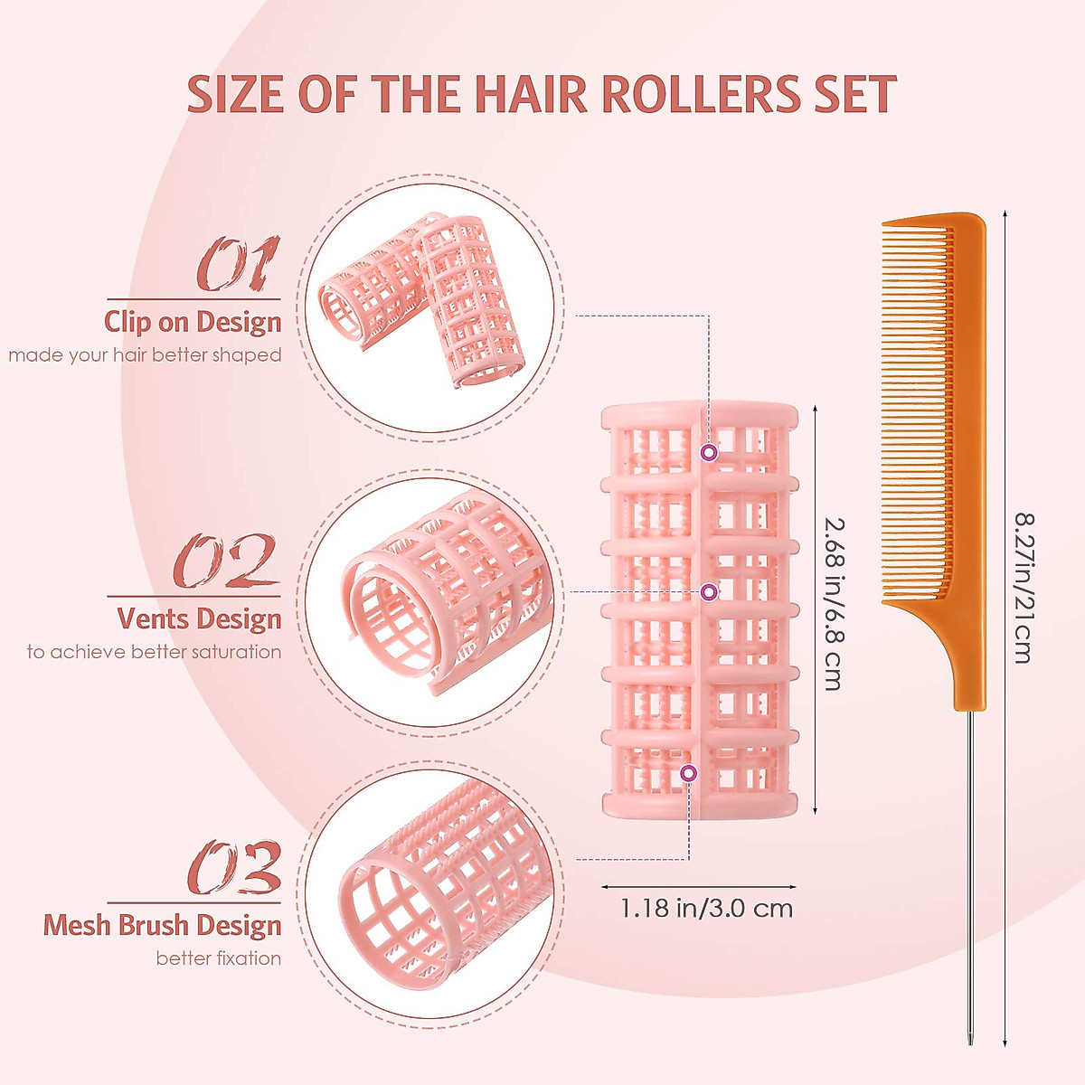 Syhood 12 Pieces Snap Hair Roller, Large Size Plastic Hair Rollers Curlers with Rat Tail Comb for Hairdressing Styling Tools(6.8 x 3 cm,Peach Color)