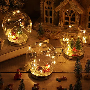 Liliful 24 Sets Lighted DIY Snow Globe Christmas Clear Plastic Snow Globe Kit with Christmas Tree Faux Snow Flake Artificial Pine Cone Santa Claus Snowmen Reindeer Stocking House for Xmas DIY Crafts