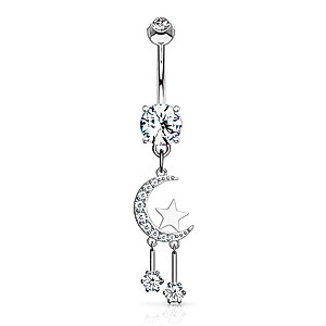 Forbidden Body Jewelry dangly belly button piercing, belly button rings moon and sun, dangly belly button jewelry, CZ Cresent moon and star cute belly button piercings. Silver Tone
