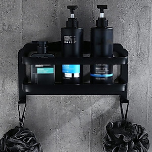 BAHELS Shower Caddy Bathroom Shelf, Aluminum Shower Shampoo Soap Cosmetic Corner Shelves, Bathroom Storage Organizer Rack, Black Matte With Hooks Shelf Bathroom Organizer