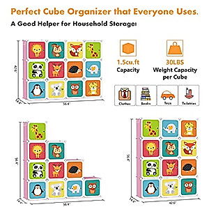 C&AHOME Kids Toy Cartoon Cube Storage Organizer with Doors, 12-Cube Shelves, Closet Cabinet, DIY Plastic Modular Bookshelf Ideal for Bedroom, Living Room, 42”L x 14”W x 56”H Pink UPCS3512P-DOOR