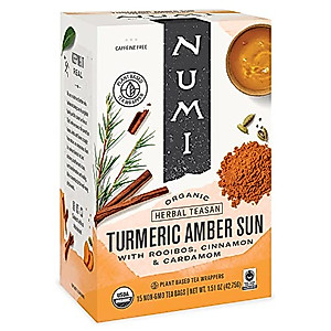 Numi Organic Amber Sun Turmeric Tea, 15 Tea Bags (Pack of 3), With Rooibos & Spices, Herbal Tea (Packaging May Vary).