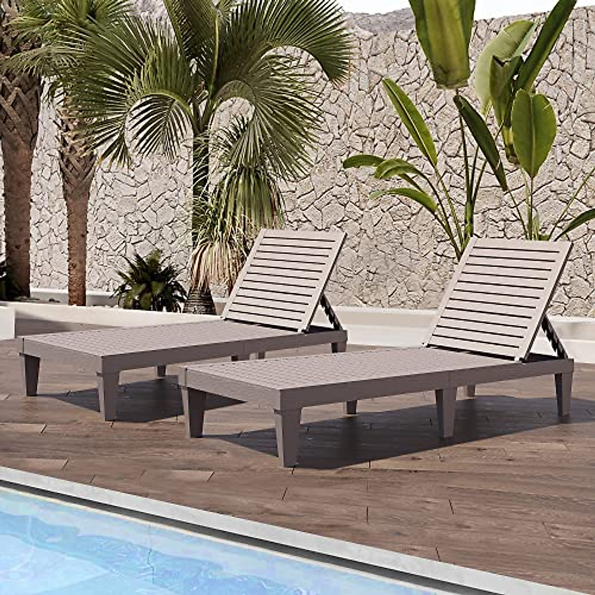 BELLEZE Set of 4 Lounge Chairs Recliners for Outside, Adjustable Patio Chair with 5 Positions Backrest, Waterproof Resin Wooden Texture Reclining Outdoor Lounge Chaise for Poolside - Brown