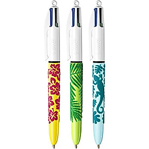 BIC 4 Colours Velours Ball Pens Medium Point (1.0 mm) - Assorted Barrel Designs, Pack of 3, Black