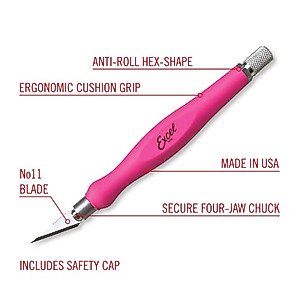 Excel Blades Fit Grip Knife, Ultra Sharp Knife with Carbon Steel Angled Edge Blade & Contoured Rubberized Grip, Made in the USA, Light Duty Cutting Tool for Precision Cutting & Trimming, Pink, 3 Pack