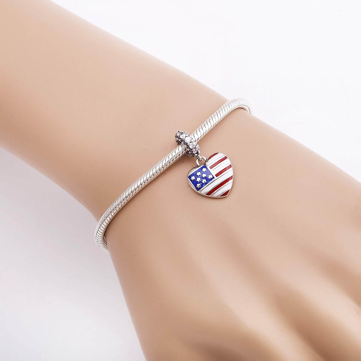 ABUN American USA Flag Heart Charms 925 Sterling Silver Patriotic Love Beads Fits European Charms Bracelet (Dangling Heart)