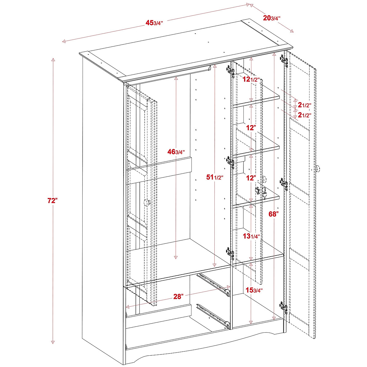 Palace Imports 100% Solid Wood Grand Wardrobe Armoire w/Lock, White, 4 Small Shelves, 1 Clothing Rod, 2 Drawers, 45.8" w x 72" h x 20.75" d, Renewable Eco-Friendly Wood, Made in Brazil