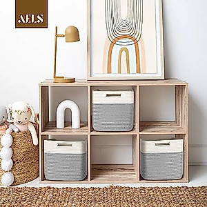 AELS Hand Woven Cotton Baskets for Storage, Cube Storage Bins with Handles, Foldable Collapsible Closet Organizers and Storage, Boho Farmhouse Storage Cubes for Shelves, Beige and Gray