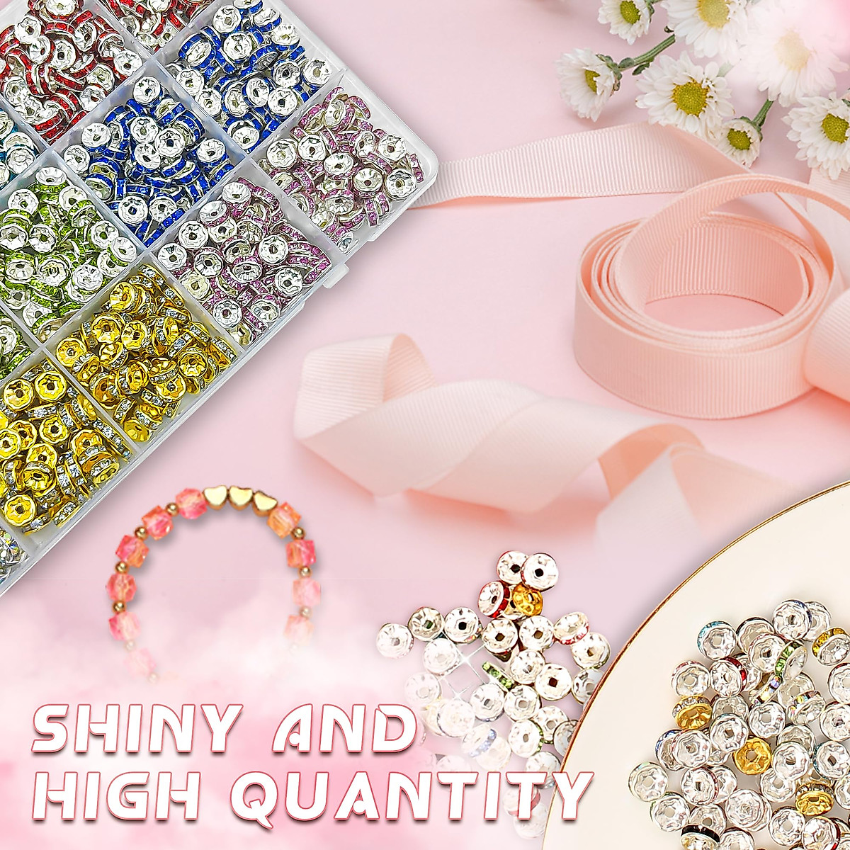 1080Pcs 8mm Round Spacer Beads, Crystal Beads, Rhinestone Beads ,Beads for Jewelry Making Necklaces, Bracelet Pendants (9 Colors-8mm)