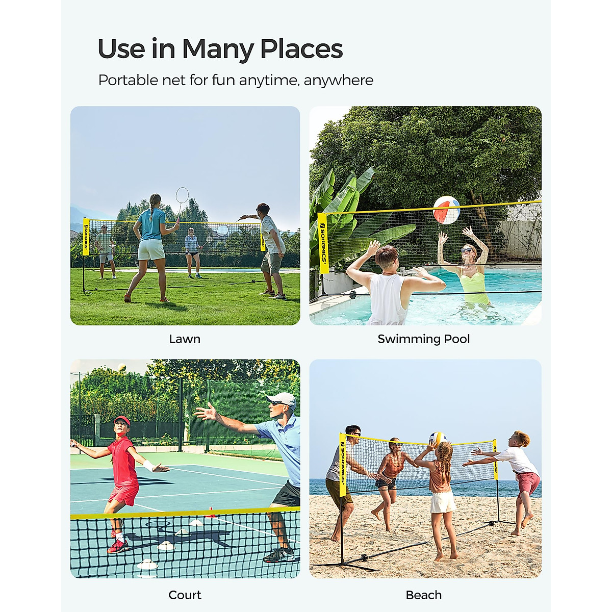 SONGMICS 16.5 ft Badminton Net, Height Adjustable Volleyball Net, Pickleball Net with Poles, Foldable Nylon Net for Tennis Indoor Outdoor Court, Yellow and Black USYQ500Y