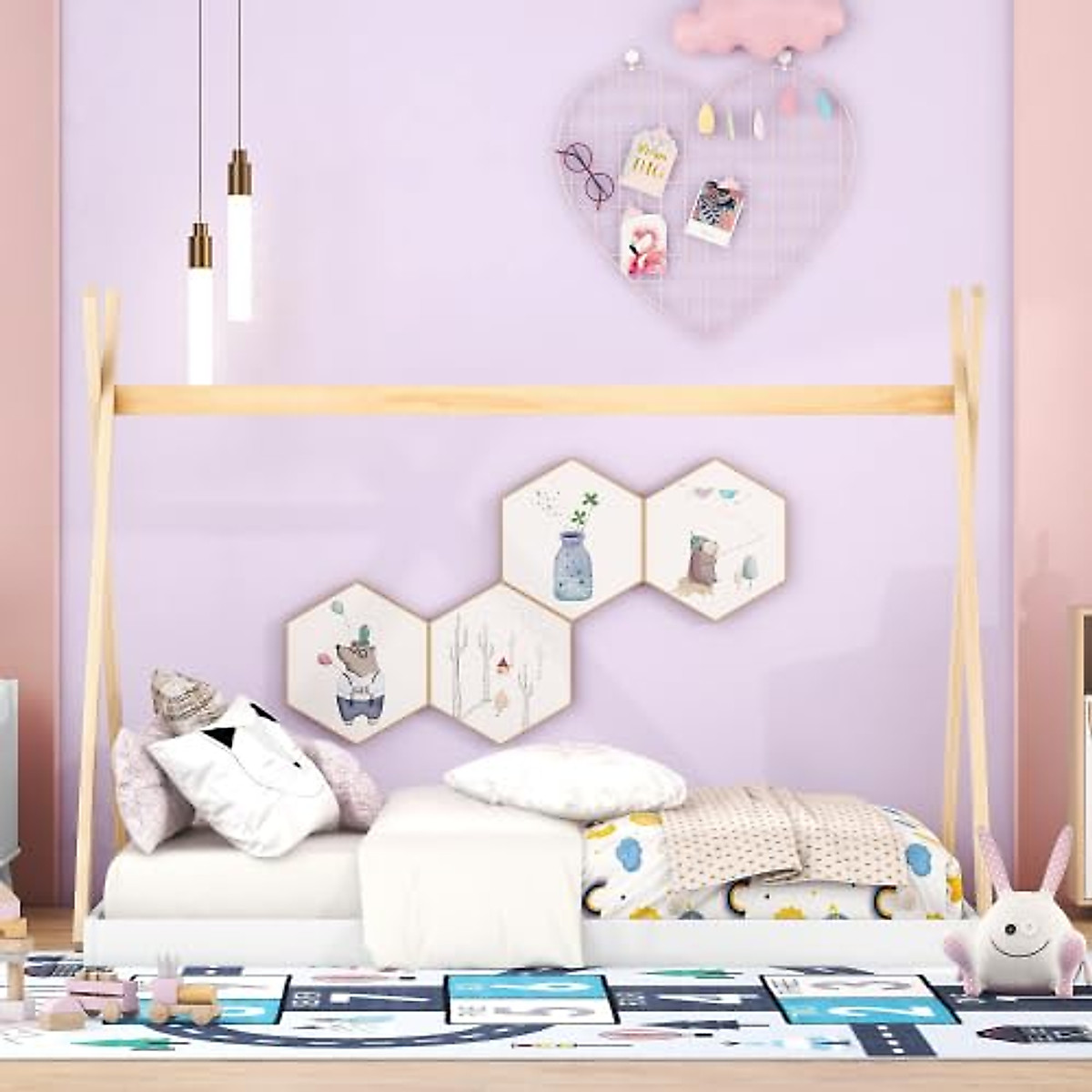 anwickjeff Full Size Tent Floor Bed with Triangle Structure, Moden Full Teepee Bed Platform Bed Frame,Wood Montessori Floor Bed for Kids Girls Boys (White+Natural)