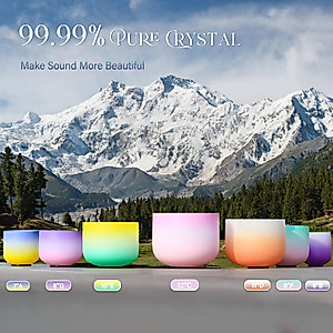 440HZ 6"-12" Set of 7 PCS Frosted Quartz Color Crystal Singing Bowl Set Sound Healing Instrument with Singing Bowl Mallet Suede Strikers Heavy Duty Carrying Cases