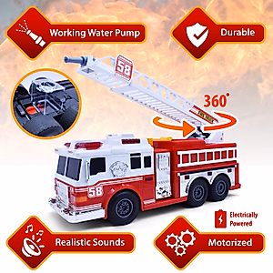 VEBO Fire Truck Motorized with Lights, Siren Sound, Working Water Pump and Rotating Rescue Ladder- Electric, Motorized, Big Fun Size 15", Realistic Design- for Toddlers, Kids Aged 3+ Years Old