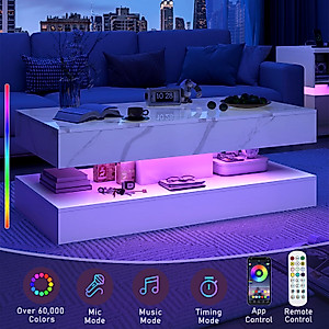 chartustriable 47inch Large High-Glossy LED Coffee Table with 2 Sliding Drawers, Living Room Storage Tables with Marbling Print, Modern Stylish Double-Layer Center Tables w/LED Lights, White