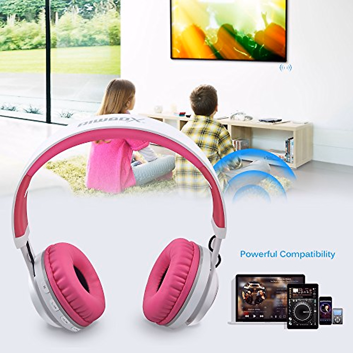 Riwbox 2 Packs WT-7S Kids Headphones Wireless, Foldable Stereo Bluetooth Headset with Mic Compatible with PC/Laptop/Tablet/iPad (Blue-Pink)