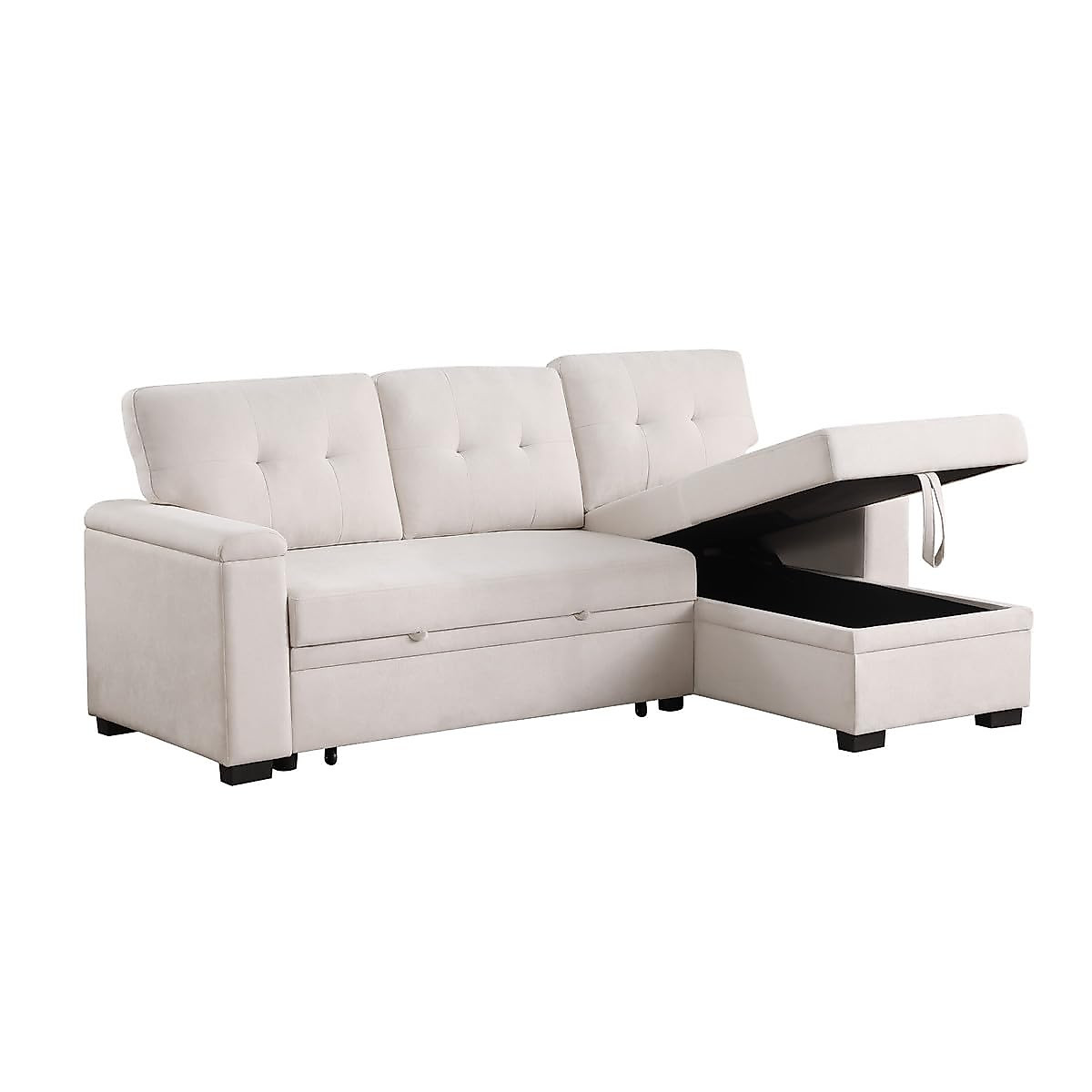 Lilola Home Lucca II 84.5" W Beige Woven Fabric Reversible Sleeper Sectional Sofa with Storage Chaise and Pocket Coil Seating