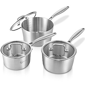 LOLYKITCH 1.5-2.5-3.0 QT, Tri-Ply Stainless Steel Saucepan Set of 3,Induction Cooking Pots,Sauce Pots with Lids,Pots and Pans Set,Detachable Handle and Dishwasher Safe.