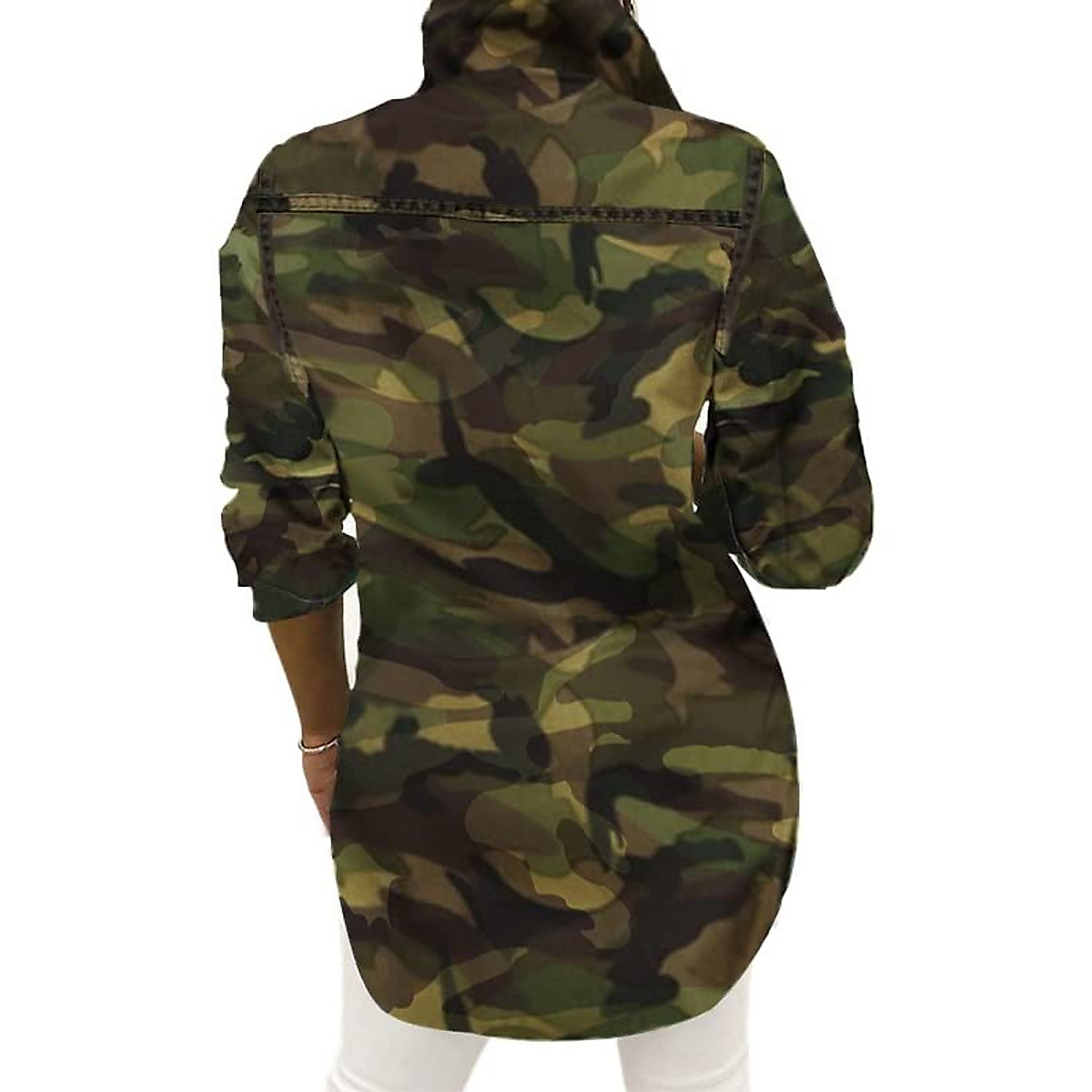 SeNight Camouflage Jacket For Women's Casual With Pockets Sexy V Neck Long Sleeve Button Down Denim Coat