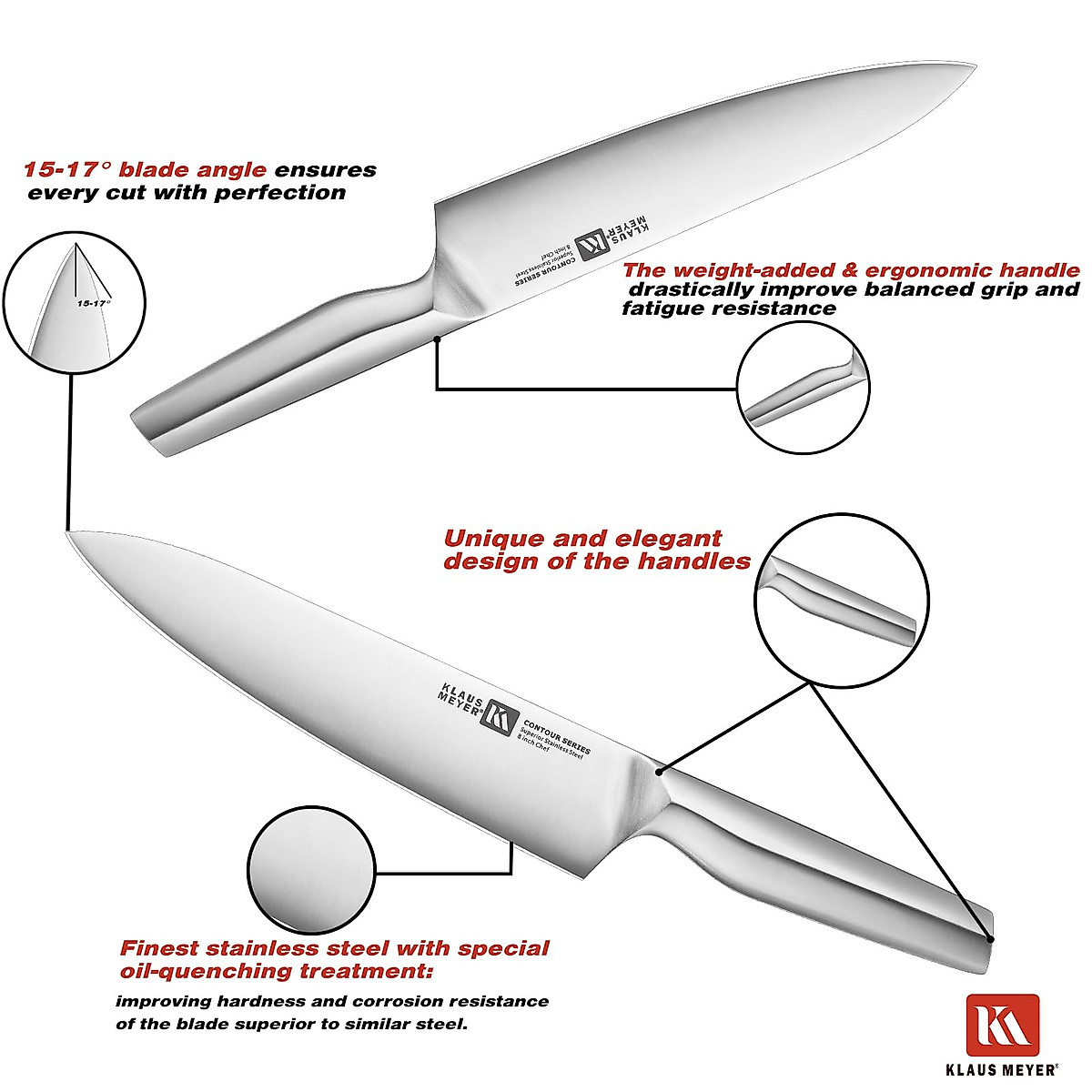 Klaus Meyer 19 Piece Contour High Carbon Stainless Steel Kitchen Knife Set with Knife Sharpener Non-Slip Handles Knife Set with Block