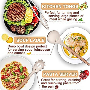 28 Pcs Silicone Cooking Utensils Kitchen Utensil Set - 446°F Heat Resistant, Turner Tongs, Spatula, Spoon, Brush, Whisk, Wooden Handle, Kitchen Gadgets with Holder for Nonstick Cookware (Khaki)