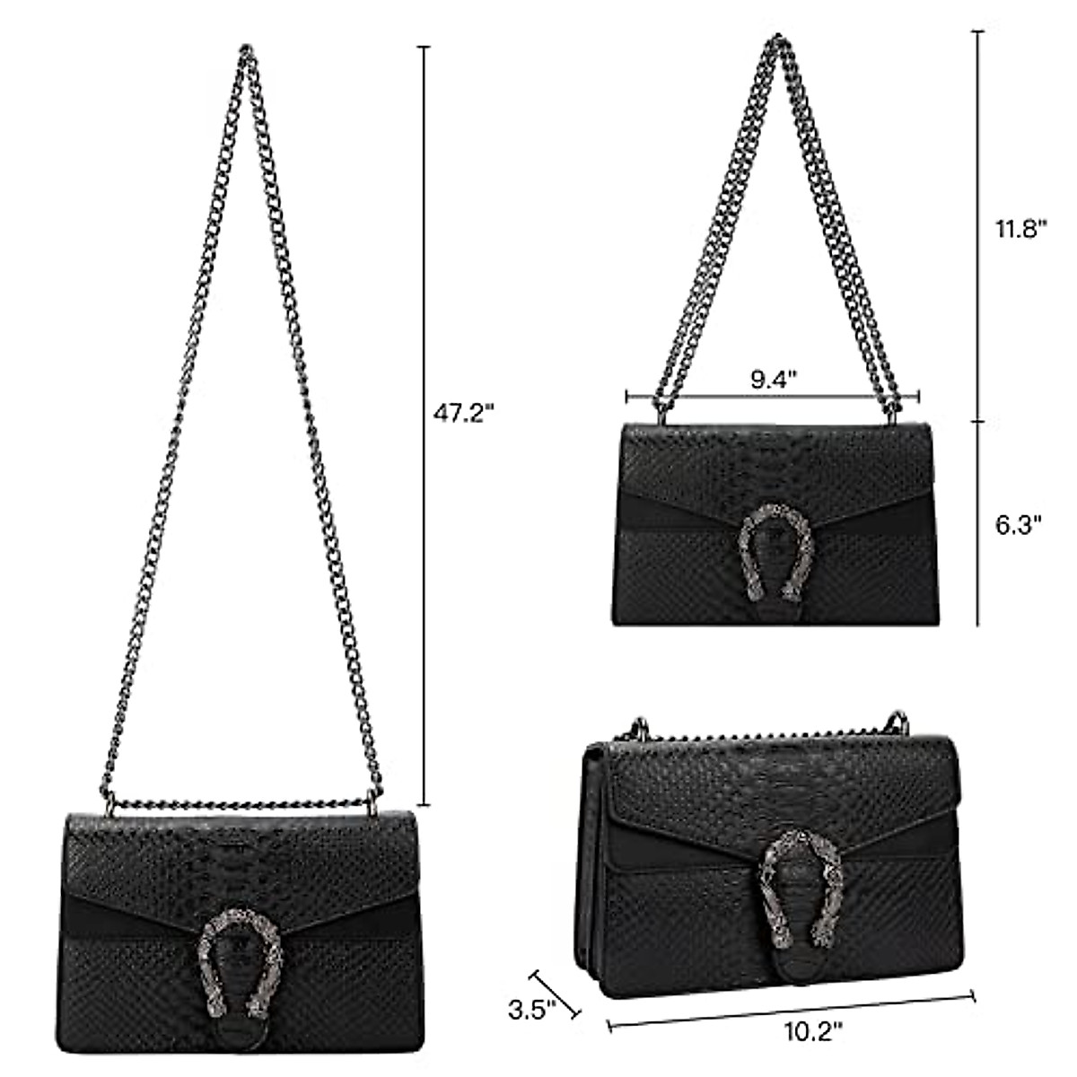 Chain Crossbody Shoulder Bags For Women-Snake Printed Leather Messenger Bag Evening Handbag Chain Strap Shoulder Satchel (Black)