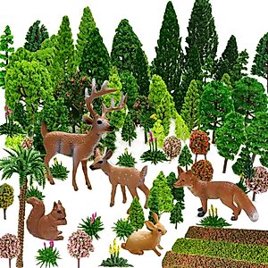 OrgMemory 70pcs Mixed Model Trees, Ho Scale Bushes with Animals Figures, Plastic Trees for Projects 1.5-6 inch(4-16 cm), Model Train Scenery