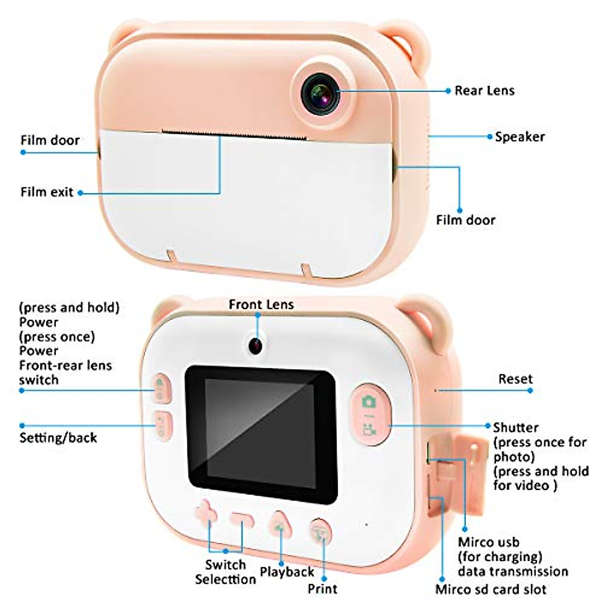 Joytrip Kids Instant Print Camera, Kids Camera with 2.4” HD Large Screen LCD, Zero Ink Digital Camera with Thermal Printing Paper and Cartoon Stickers, 3-14 Years Old Children Toy Learning Camera