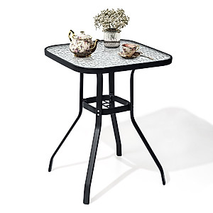 Crestlive Products Outdoor Bar Table with Umbrella Hole, Patio Dining Bistro Table with Aluminum Frame Tempered Glass Top, Outside Banquet Furniture for Garden, Pool, Deck, Lawn (Black)