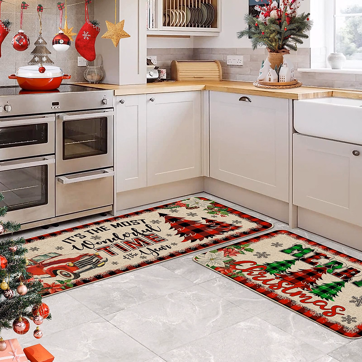 cusugbaso Christmas Kitchen Mats, Merry Christmas Kitchen Rugs Set of 2 - Red Buffalo Plaid Christmas Kitchen Decor - Truck Christmas Decorations for Bathroom,Floor,Indoor,Home 17"x27+17"x47"
