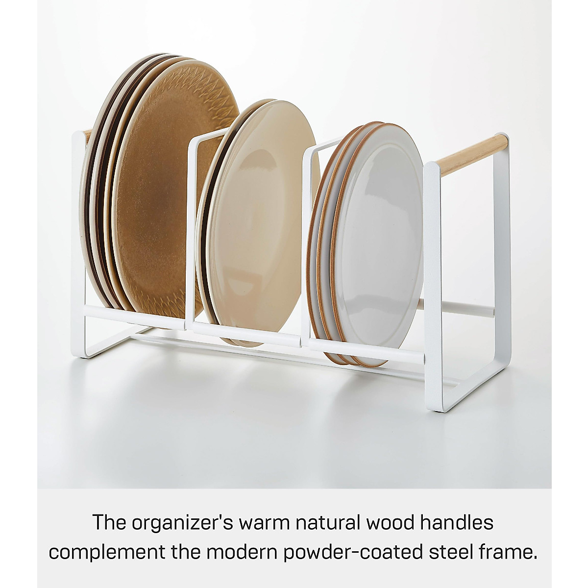 Yamazaki Plate Home Accented Storage Rack-Kitchen Holder Stand | Steel + Wood | Large | Dish Organizer, White