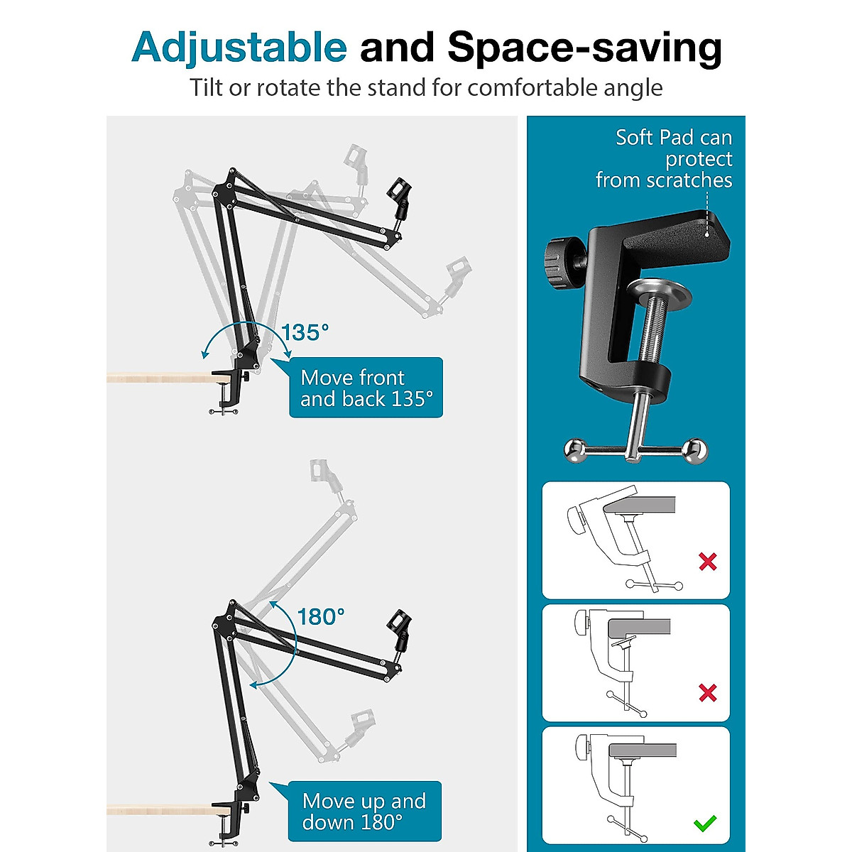 InnoGear Microphone Stand Mic Boom Arm for Blue Yeti HyperX QuadCast S SoloCast Snowball Fifine K669B and other Mic, with Shock Mount Windscreen Pop Filter Mic Clip Holder Cable Ties, Medium
