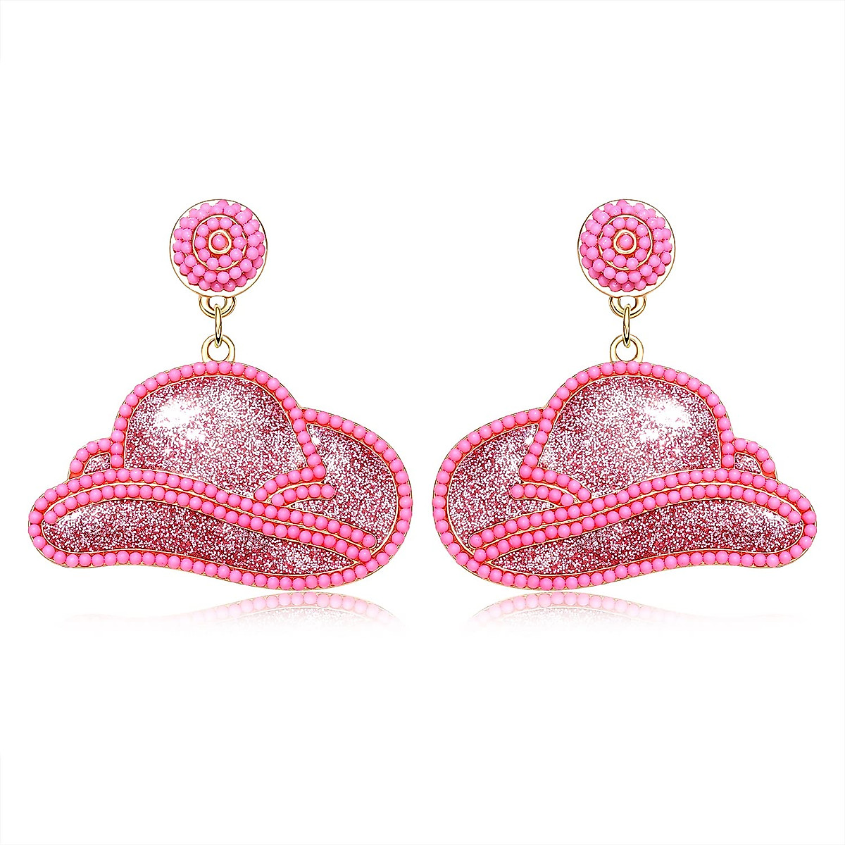 UYT Glitter Beaded Earrings Fun Western Cowgirl Hat Earrings Western Cowboy Wedding Drop Dangle Earrings for Women Bridal Shower Fashion Jewelry Gift (pink)